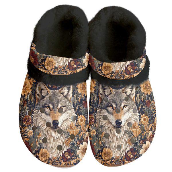 GB-NAT00915 Wolf Pattern Native American Classic Clogs with Fleece Sho ...