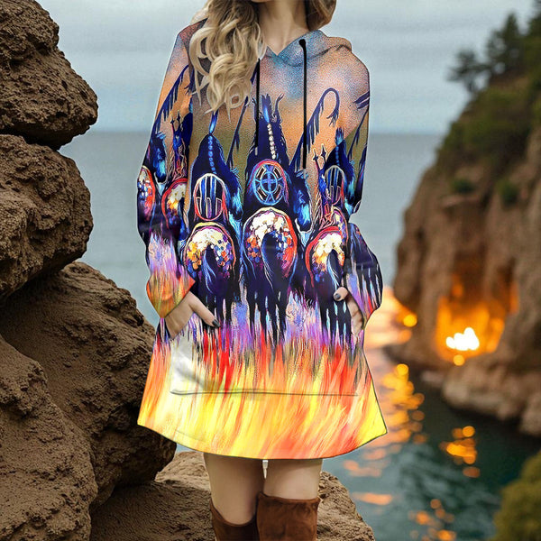 GB-NAT00013 Chief Native American Women Longline Hoodie Dress – Powwow ...