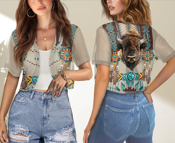 GB-NAT00069 Bison Native American Women's Short Mini Cardigan – Powwow ...