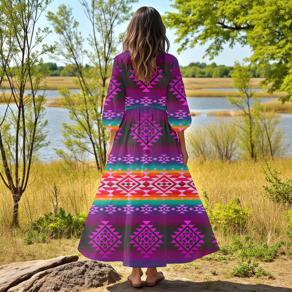 GB-NAT00680 Native American Women Puff Sleeve Maxi Dress – Powwow Store