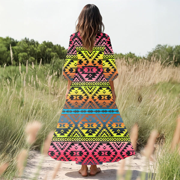 GB-NAT00689v2 Native American Women Puff Sleeve Maxi Dress – Powwow Store