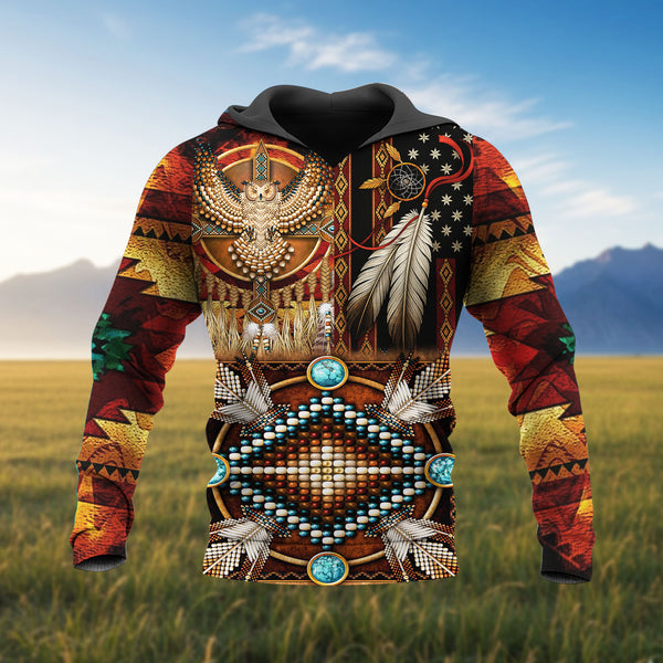 HD251101M14 Feather Flag Native American 3D Hoodie – Powwow Store