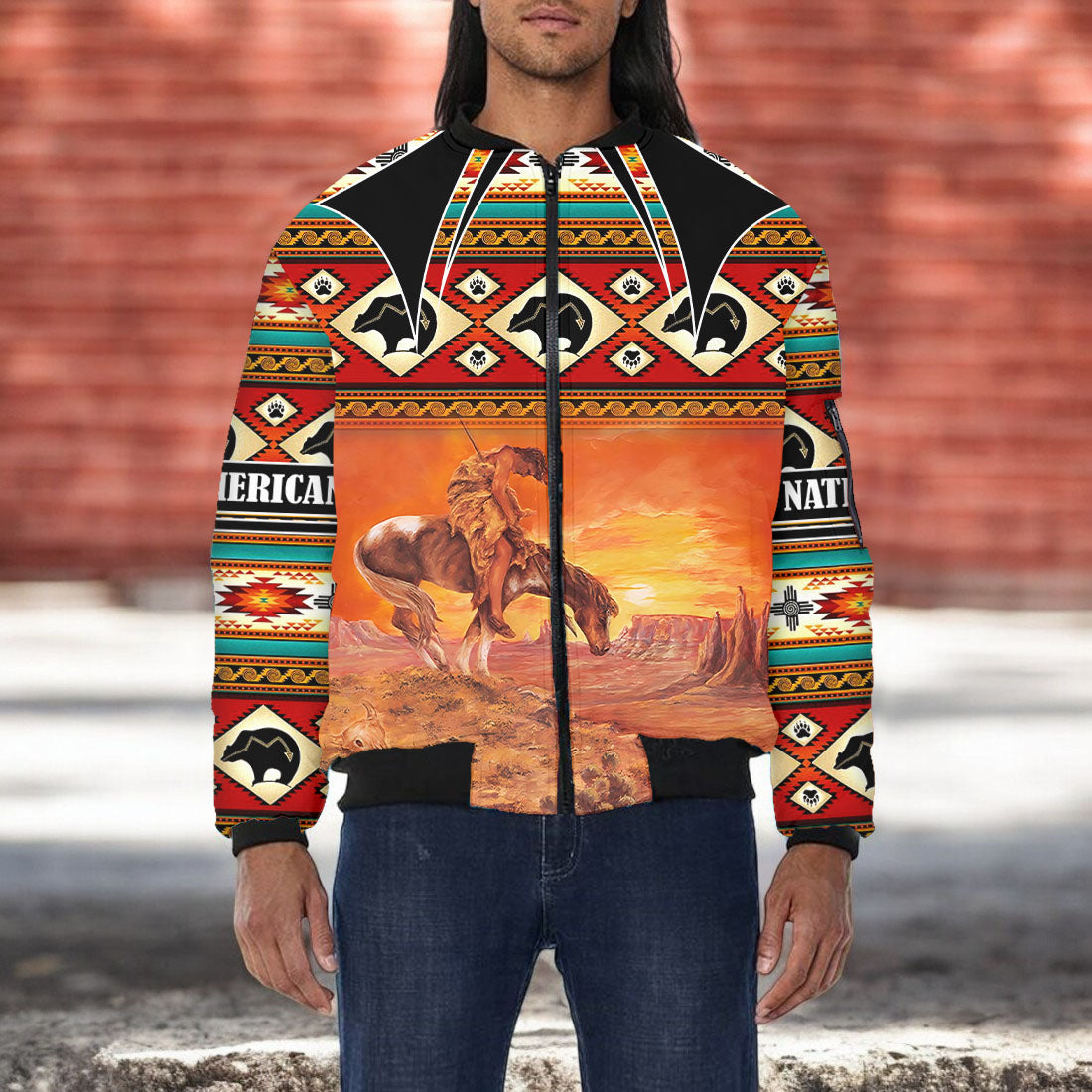HD251110M05 Native American Bomber Jacket With Sleeve Pocket – Powwow Store