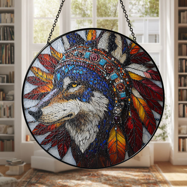 SC250402M02 Wolf Native American Stained Glass Suncatcher – Powwow Store
