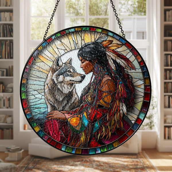 SC250402M05 Woman and Wolf Native American Stained Glass Suncatcher ...