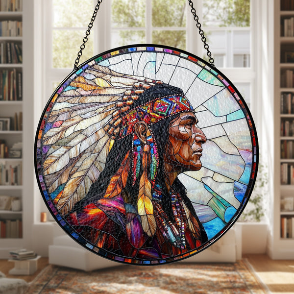 SC250402M09 Chief Native American Stained Glass Suncatcher – Powwow Store