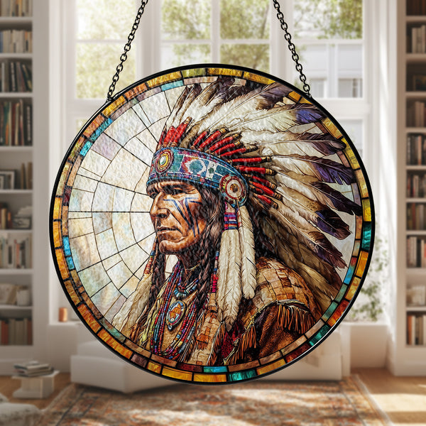 SC250402M13 Chief Native American Stained Glass Suncatcher – Powwow Store