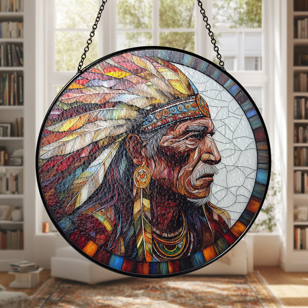 SC250402M18 Chief Native American Stained Glass Suncatcher – Powwow Store