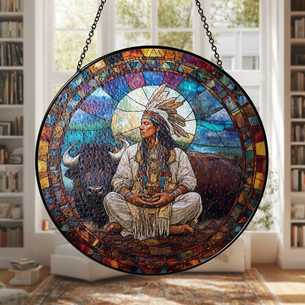 SC250402M28 Chief Native American Stained Glass Suncatcher – Powwow Store
