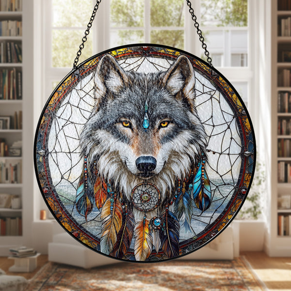 SC250404M06 Wolf Feather Native American Stained Glass Suncatcher ...