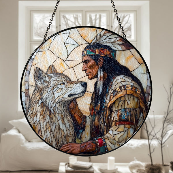 SC250404M11 Chief and Wolf Native American Stained Glass Suncatcher ...