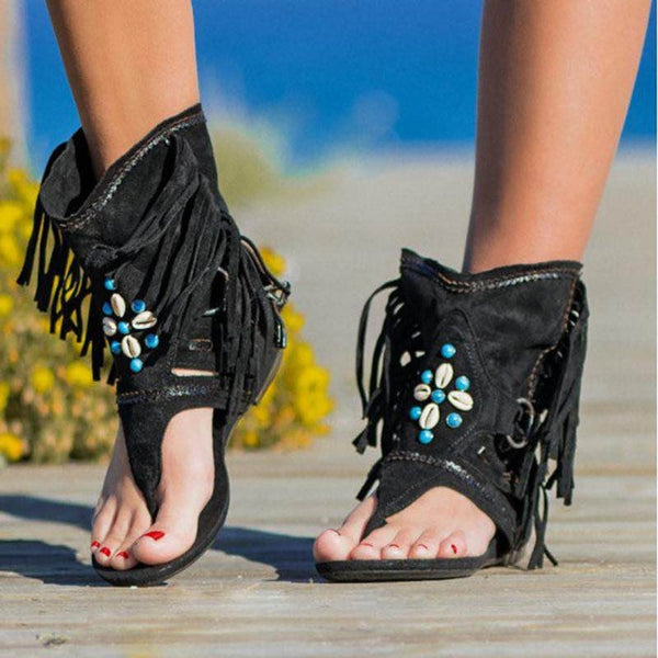 Retro Women Fringe Flower Wedges Shoes Casual Sandals Women Summer Fli ...